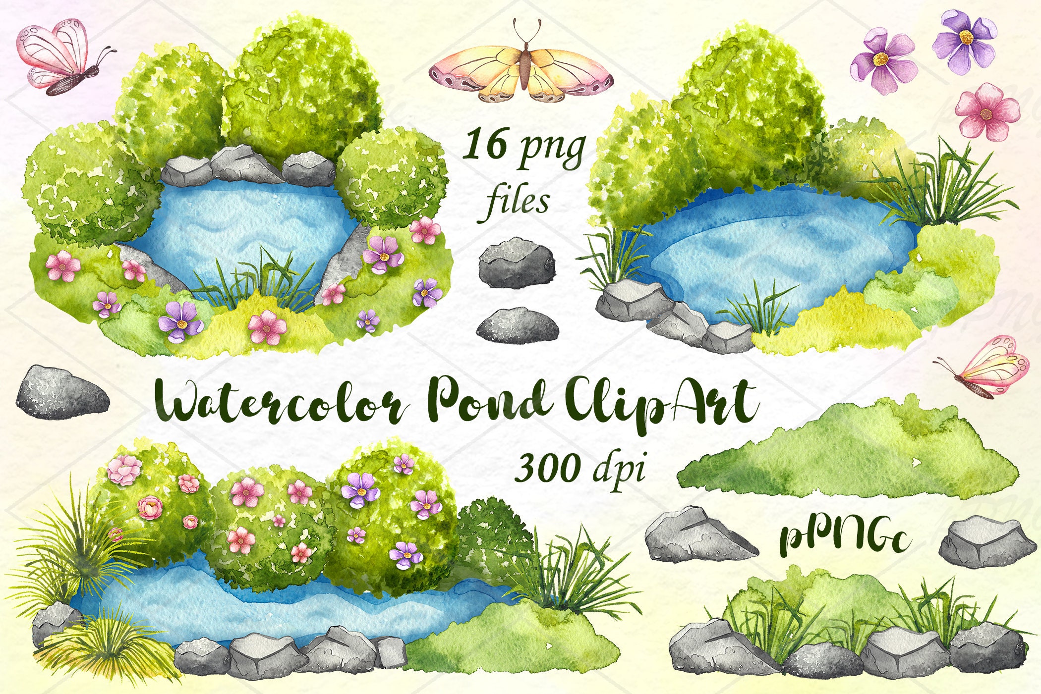 Watercolor Pond Clipart Meadow With Lake Clipart Water | Etsy