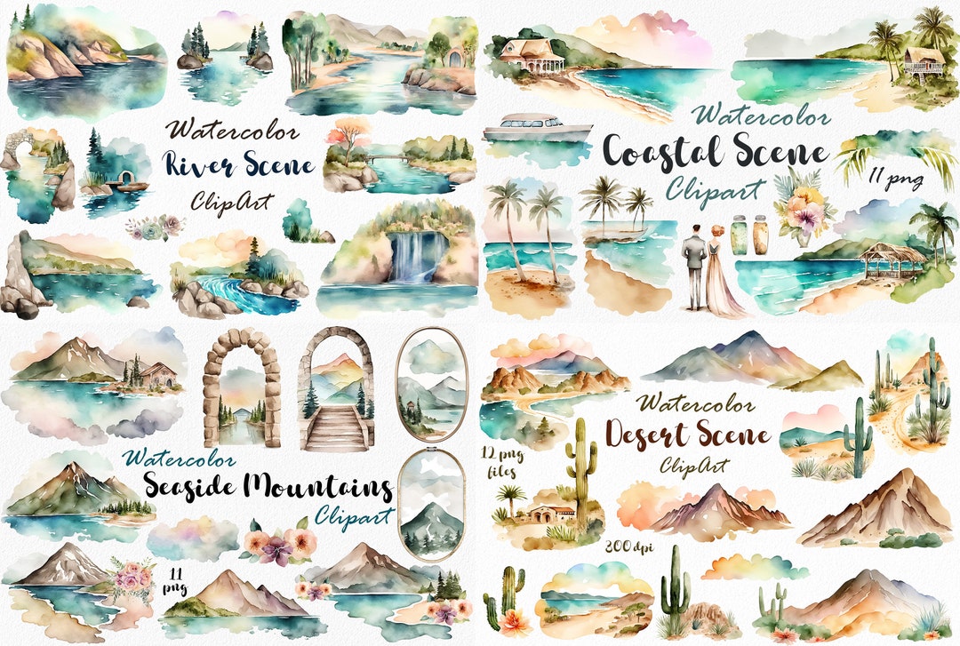 Big Set of Watercolor Scenes Clipart - Desert, River, Coastal, and ...