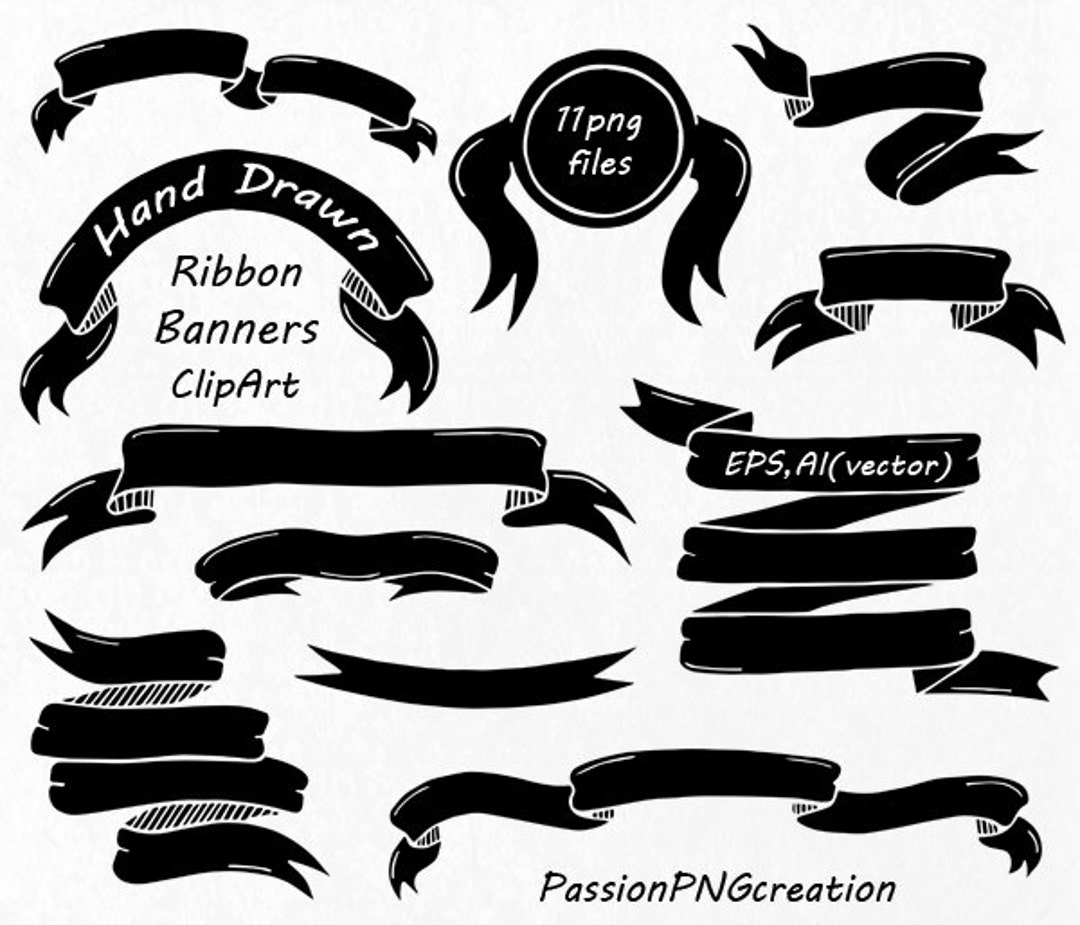 Hand Drawn Ribbon Banners Clipart, Doodle Clip Art, Elements for Card ...