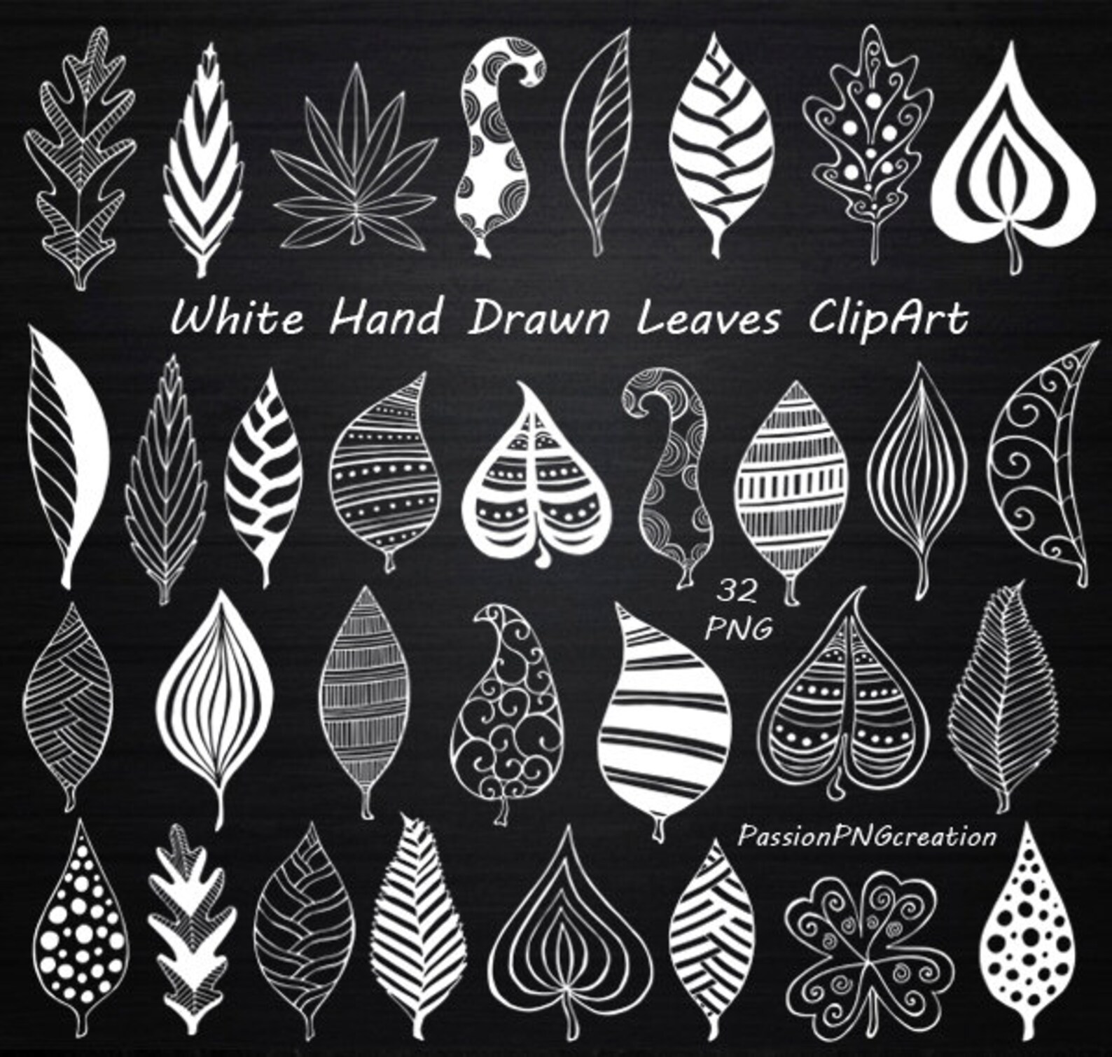 White Hand Drawn Doodle Leaves Clipart Leaves Silhouette | Etsy