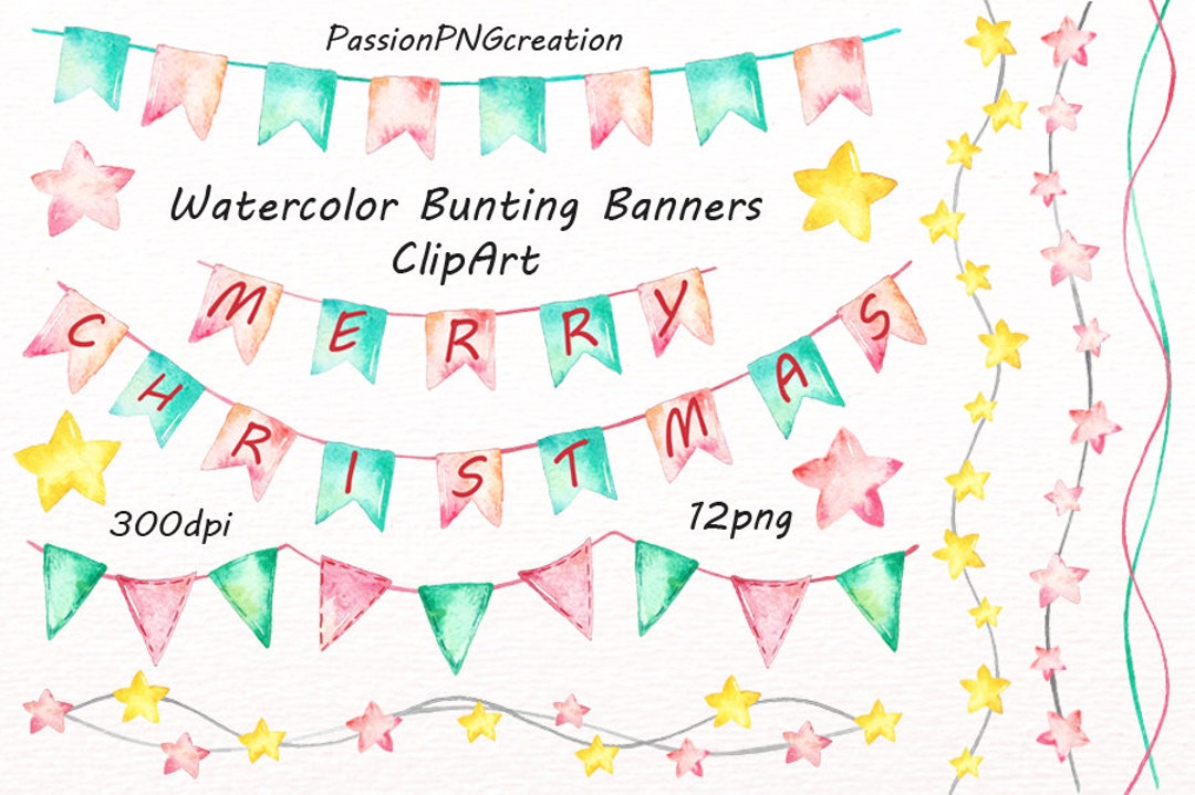 Watercolor Bunting Banners Clipart, Banners Clip Art, Merry Christmas ...