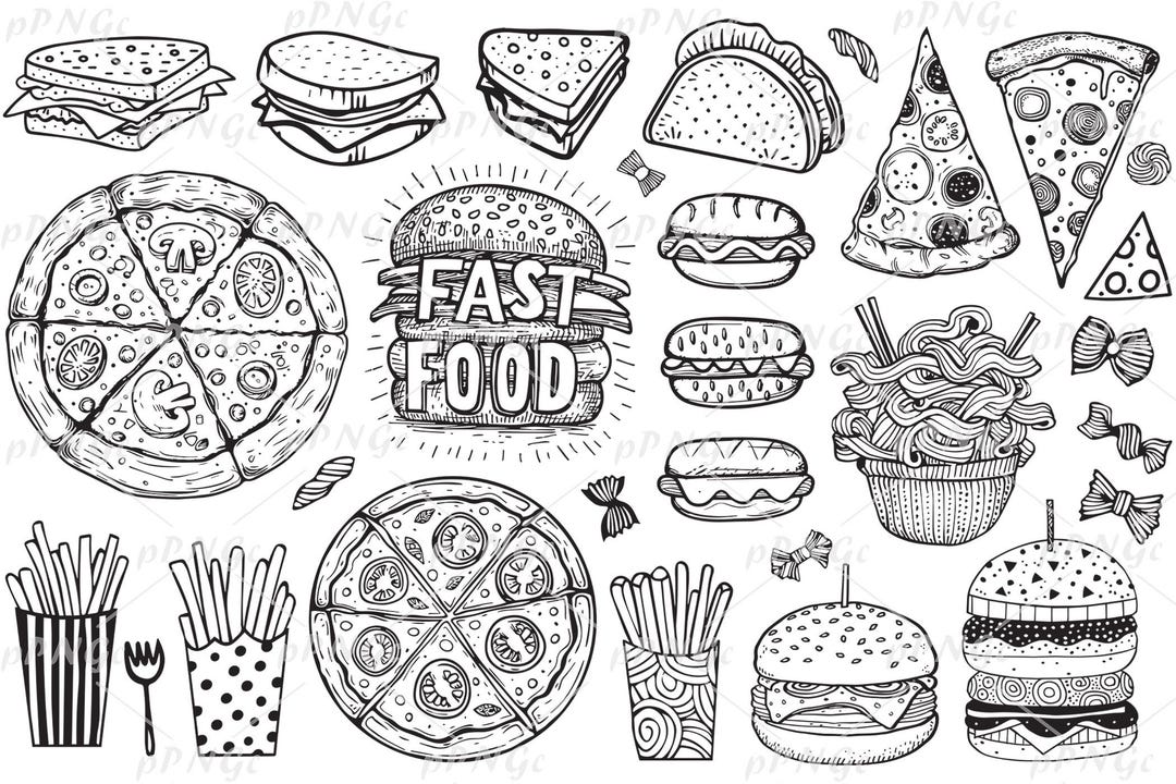 Fast Food Doodle Clipart, Junk Food Doodle Vector, Hand Drawn Take Out ...