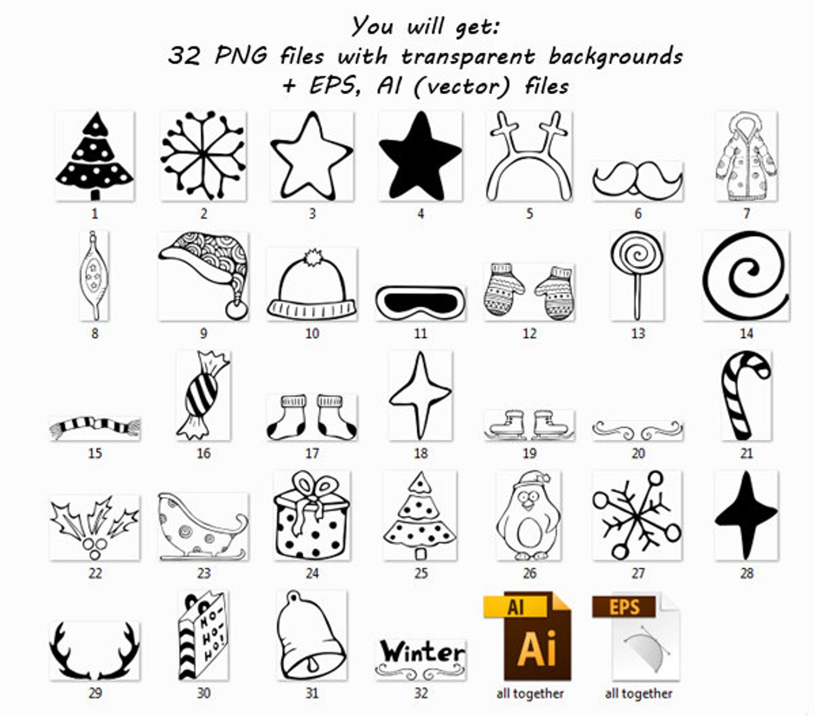 Winter Doodle Clipart Hand Drawn Christmas Clip Art Clipart - Etsy