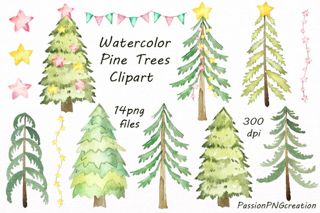 Watercolor Pine Trees Clipart, Watercolor Christmas Tree Clipart ...