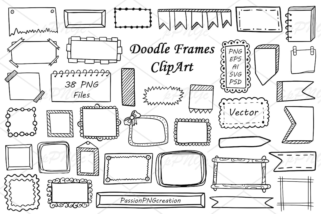 Doodle Frames and Banners Clipart, Square Frames, Doodle Clipart, Hand ...