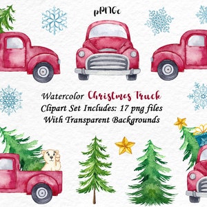 Watercolor Christmas Truck Clipart, Holiday Red Car, New Year ...