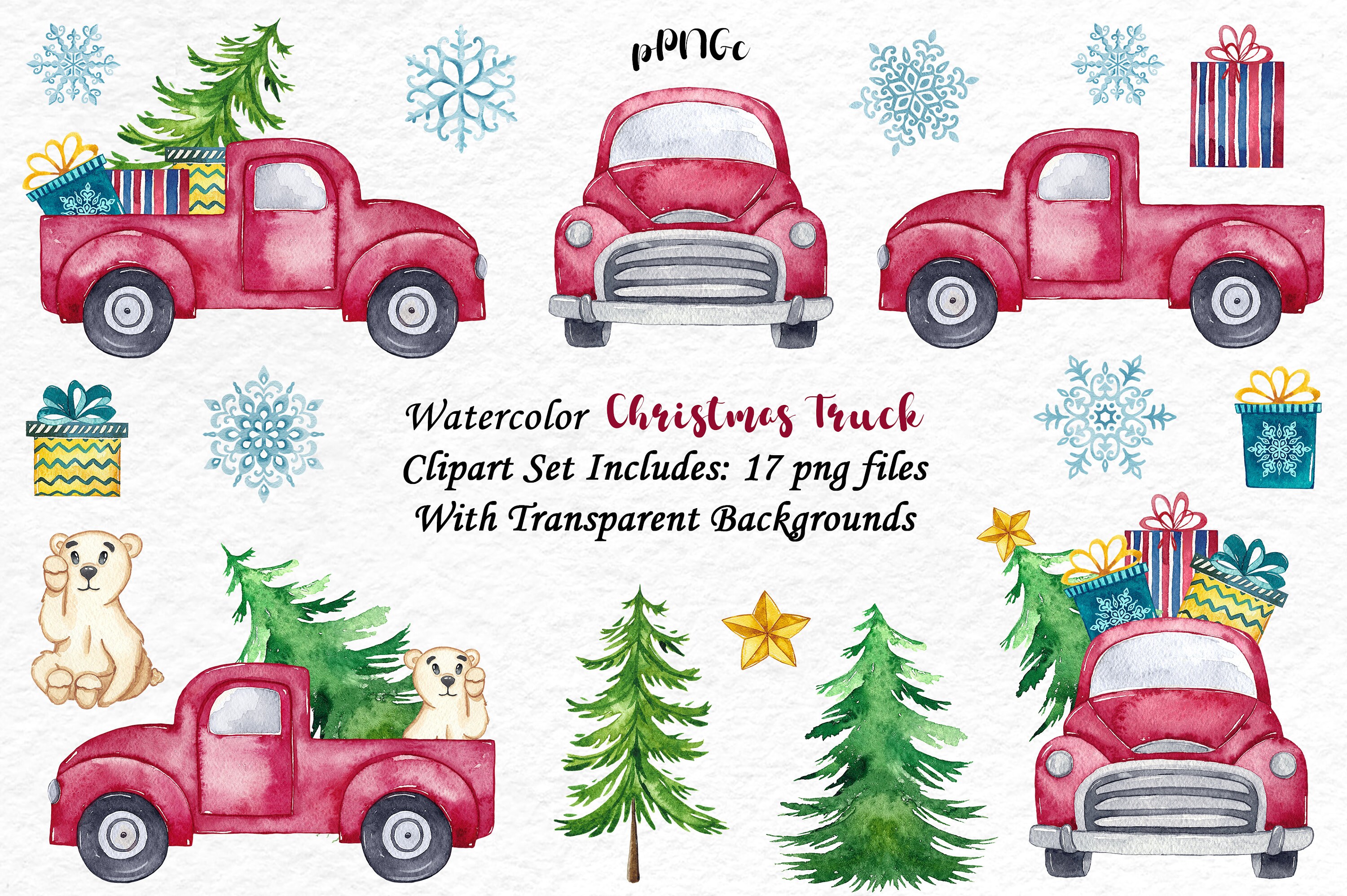Watercolor Christmas Truck Clipart Holiday Red Car New Year | Etsy
