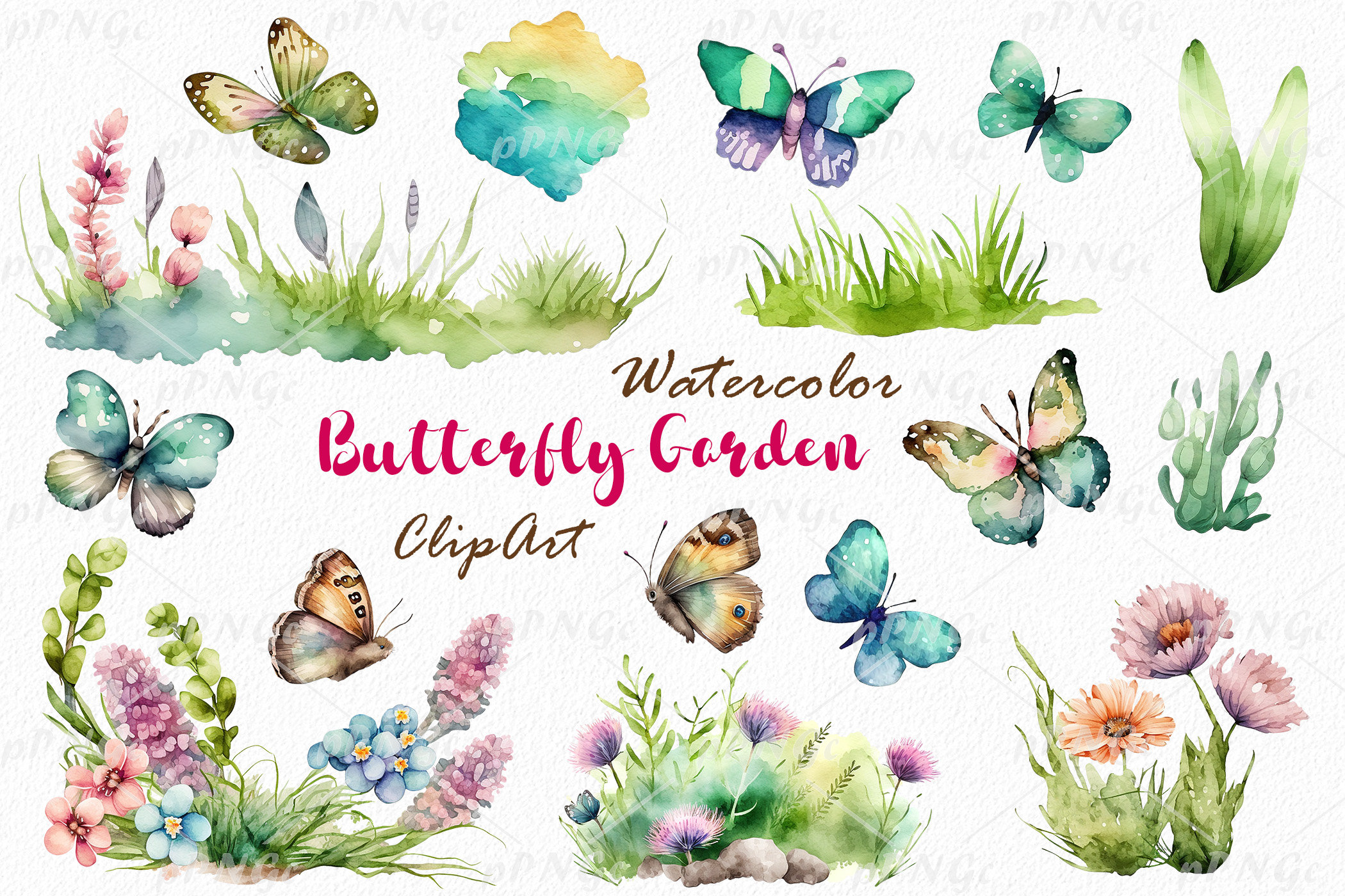 Watercolor Butterfly Garden Clipart Spring Clipart Floral - Etsy
