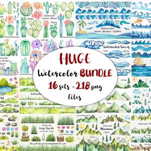 Huge Watercolor Bundle Clipart, 16 Sets, 218 Png Files, Watercolor ...