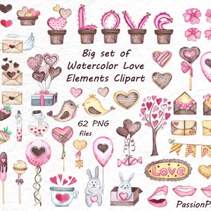Big Set of Watercolor Love Clipart Set, Valentine's Day Clip Art ...