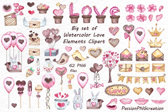 Big Set of Watercolor Love Clipart set Valentine's day | Etsy