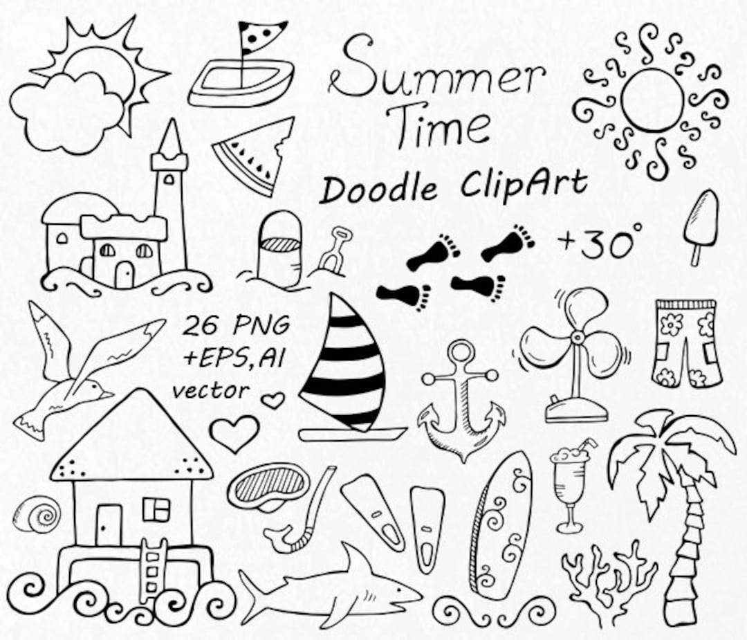 Doodle Summer Clipart, Hand Drawn Vacation Clipart, Digital Clip Art ...