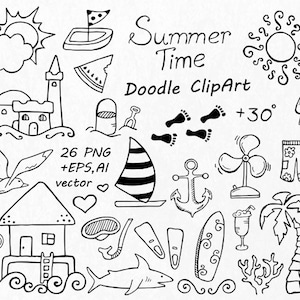 Doodle Summer Clipart, Hand Drawn Vacation Clipart, Digital Clip Art ...