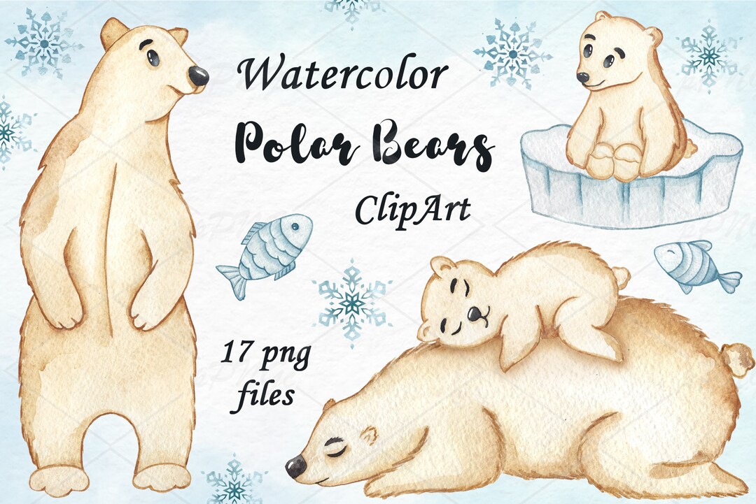 Watercolor Polar Bears Clipart, White Bears Clipart, Baby Bears, Cute ...