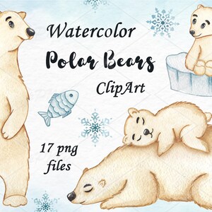 Watercolor Polar Bears Clipart, White Bears Clipart, Baby Bears, Cute ...