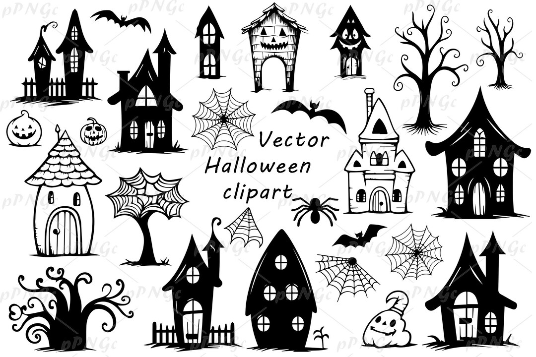 Halloween Vector Clipart: Spooky Houses, Trees, and Spider Webs for ...