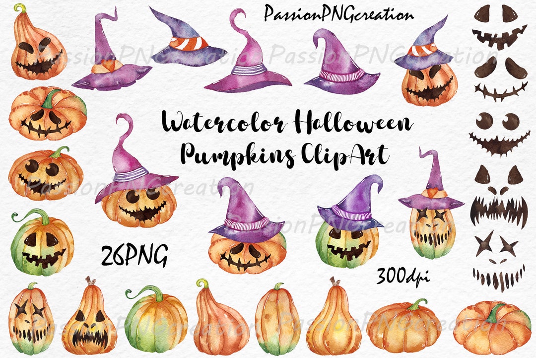 Watercolor Halloween Pumpkins Clipart, Jack-o-lanterns Spooky Clipart ...