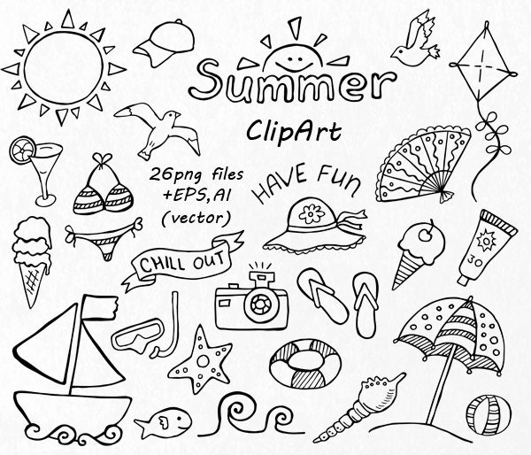 BIG SET of Doodle Summer Cliparts Hand Drawn Vacation - Etsy