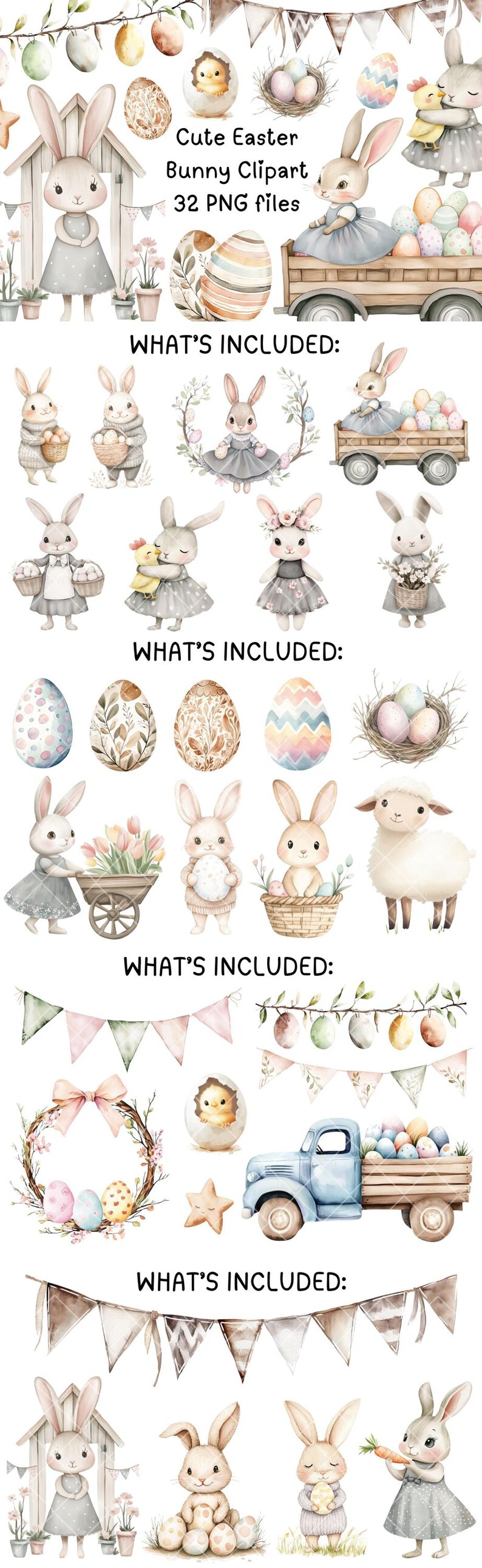 Cute Easter Bunny Clipart Bundle - 32 PNG Watercolor Stickers, Spring ...