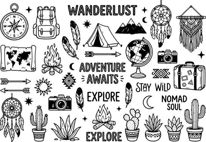 Wanderlust Travel Clipart, Adventure SVG Bundle, Boho Camping & Hiking ...