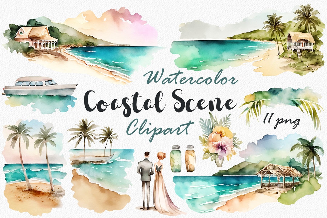 Watercolor Coastal Scene Clipart, Paradise Beaches, PNG Files, Tropical ...