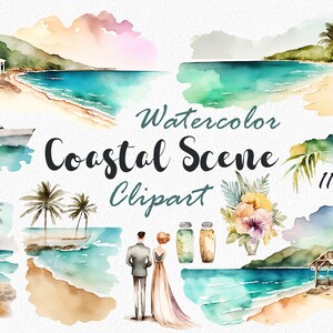Watercolor Coastal Scene Clipart, Paradise Beaches, PNG Files, Tropical ...