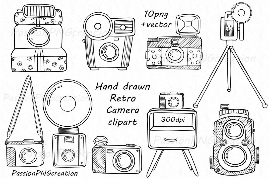 Hand Drawn Retro Camera Clipart, Digital Doodle Cameras Clip Art ...