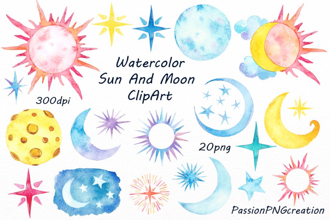 Watercolor Sun , Moon Clipart, Watercolor Stars, Watercolour, Clip Art ...