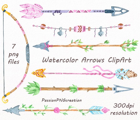 Watercolor Tribal Arrows Clipart: Handpainted PNG Set (digital Download ...