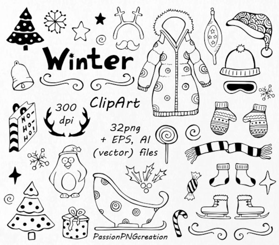 Winter Doodle Clipart, Hand Drawn Christmas Clip Art, Clipart, PNG, EPS ...