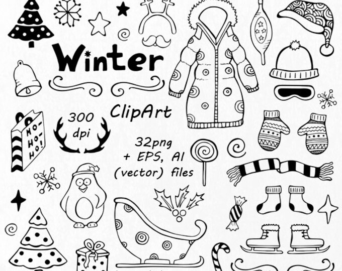 Christmas Clip Art Commercial Use, Doodle Winter Clipart, Scandinavian ...