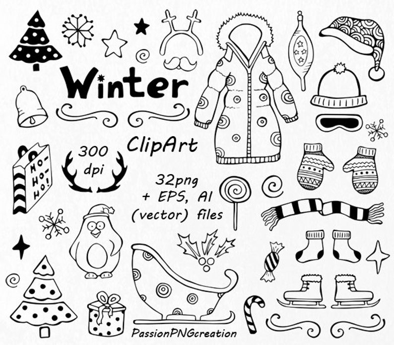 Winter Doodle Clipart Hand Drawn Christmas Clip Art Clipart - Etsy