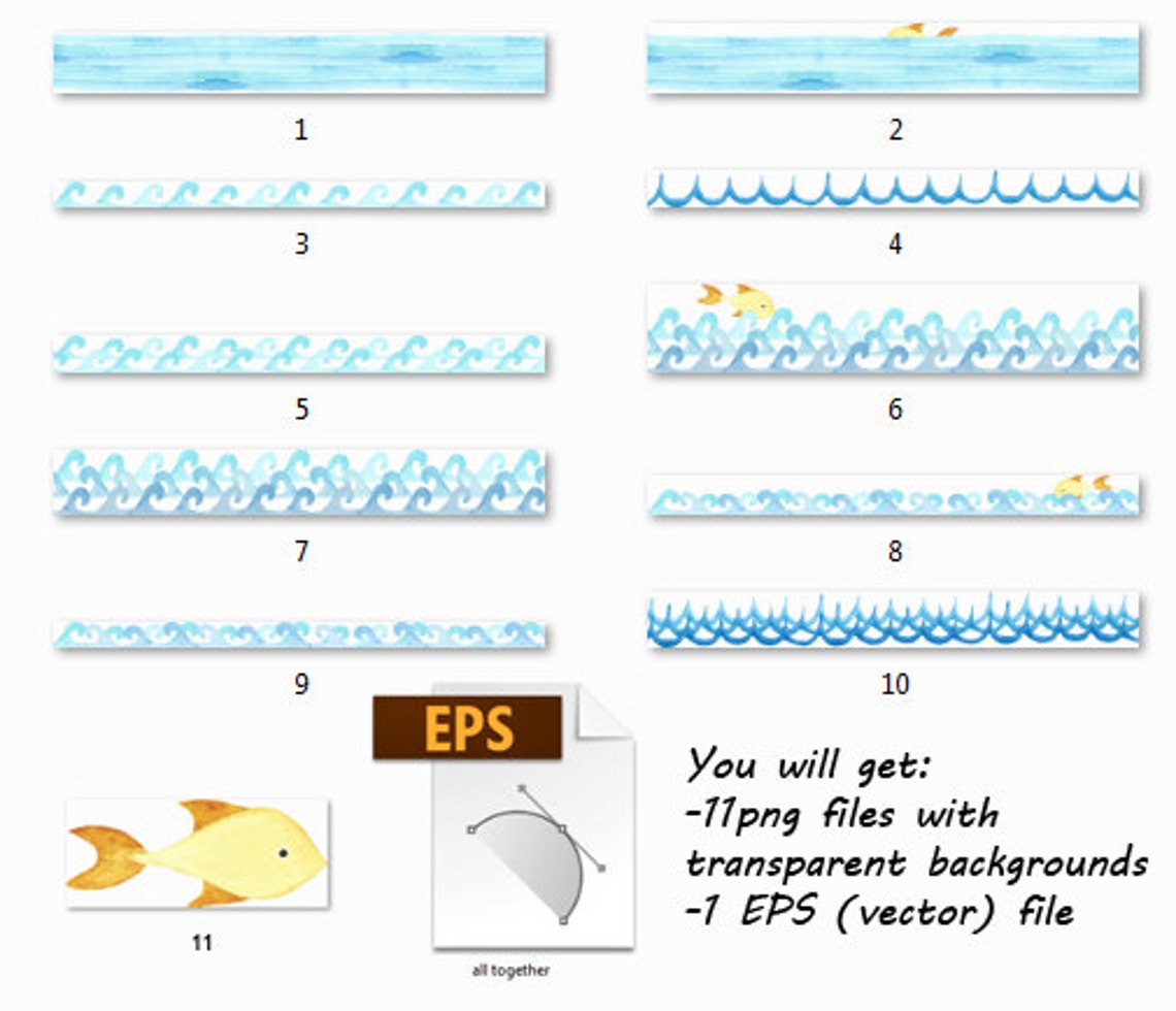 Watercolor Waves Borders Clipart Waves clip art Watercolour | Etsy