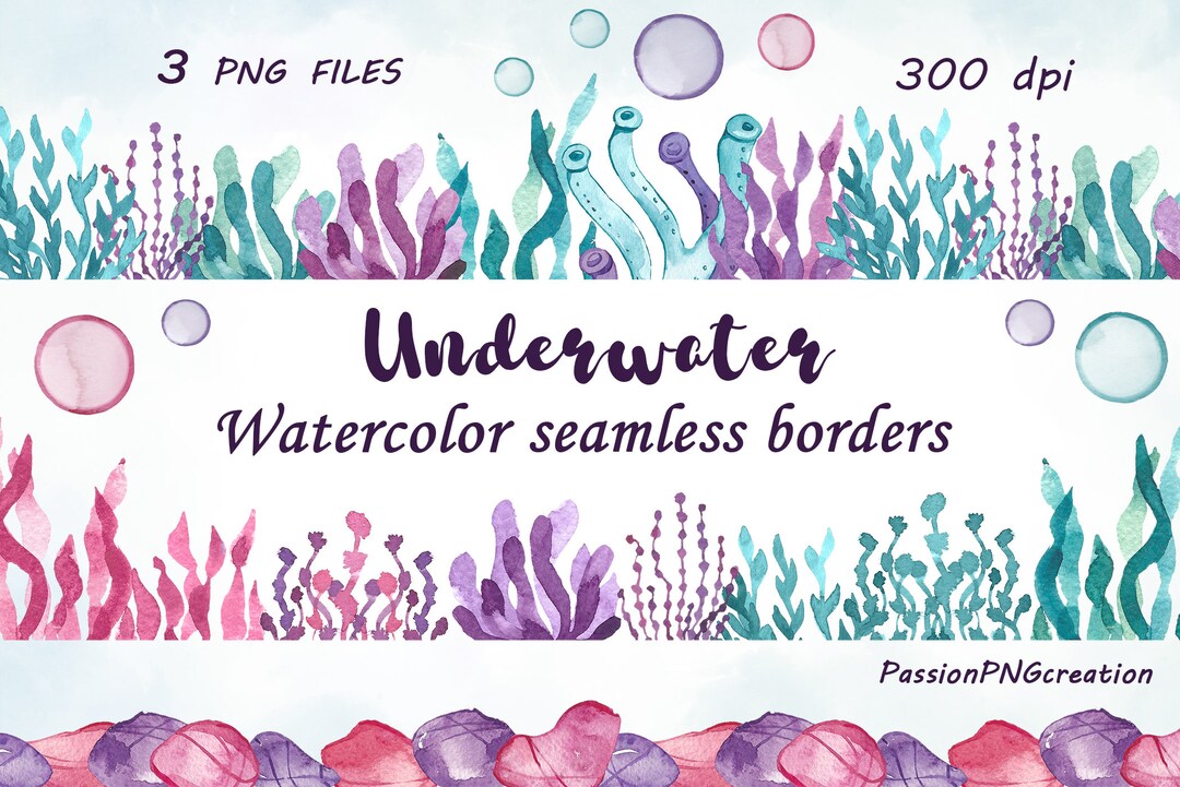 Seamless Underwater Borders Clipart, Watercolor Seaweed, PNG, Photo ...