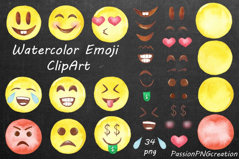 Watercolor Emoji Clipart DIY Watercolor Clip Art Instant - Etsy