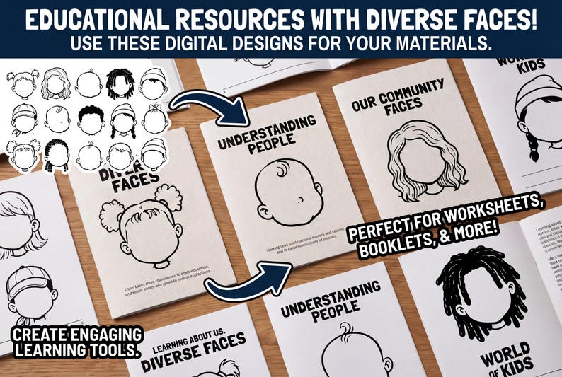 Diverse Kids Faces Clipart SVG Bundle, 15 Faceless Children Heads ...