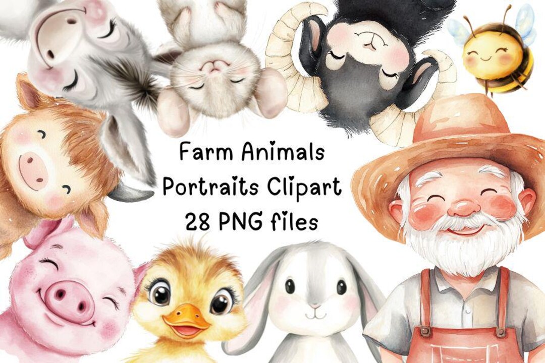 Farm Animals Clipart Bundle - Cute Watercolor Stickers, PNG Portraits ...