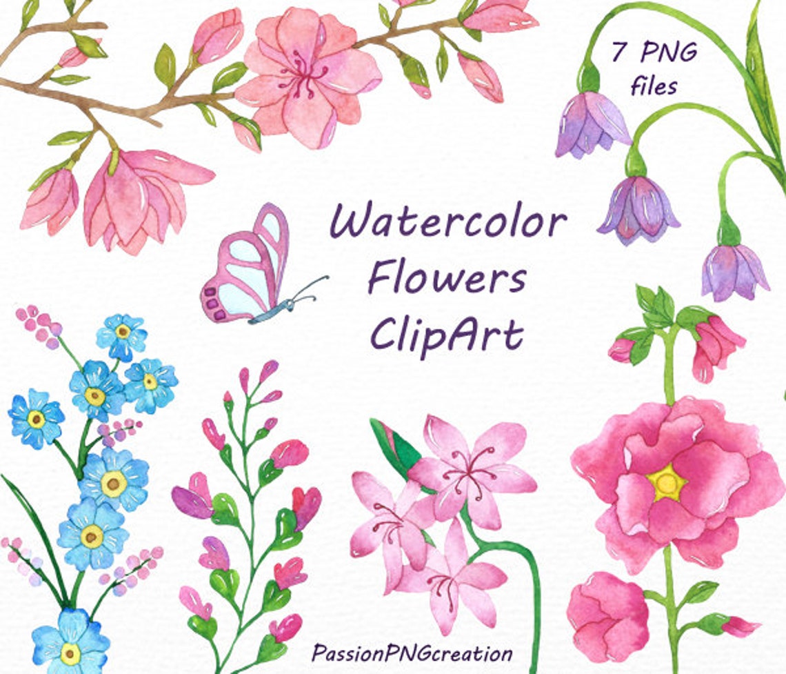 Watercolor Flowers Clipart Digital Clipart Watercolor | Etsy