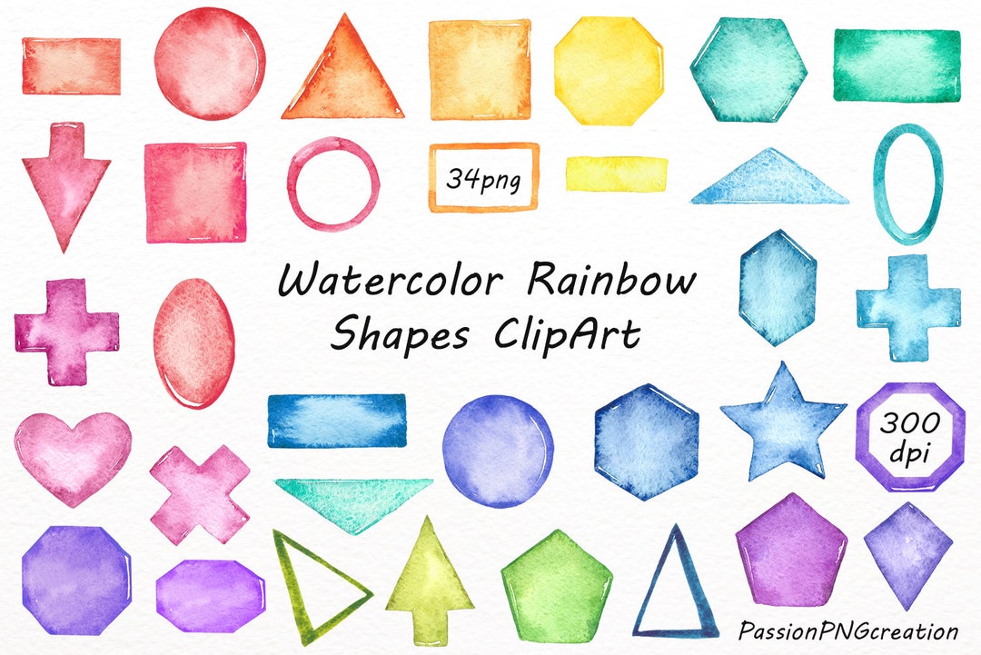 Watercolor Rainbow Shapes Clipart: 34 PNG Graphics (digital Download ...