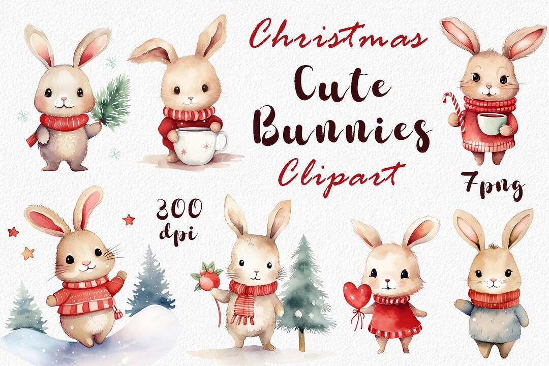 Festive Christmas Bunny Watercolor Clipart - Holiday Rabbit ...