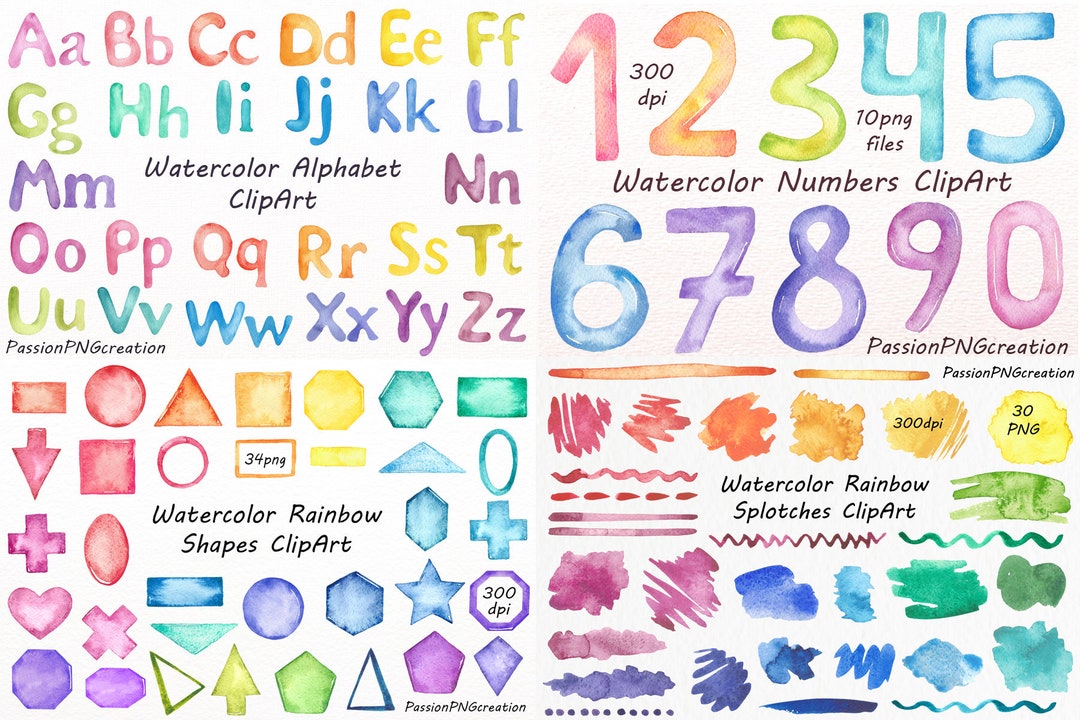 Watercolor Rainbow Set of Alphabet, Numbers, Shapes and Splotches ...