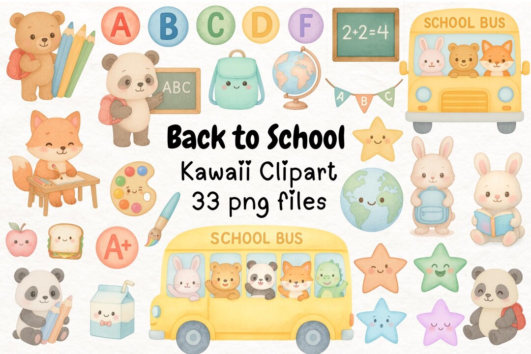 Kawaii Back to School Clipart: Watercolor Animals, School Bus PNG Set ...