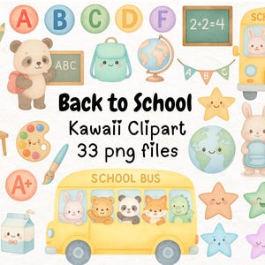 Kawaii Back to School Clipart: Watercolor Animals, School Bus PNG Set ...
