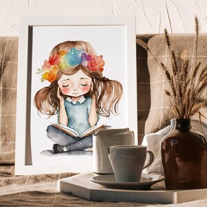 Watercolor Clipart of Cute Little Girls Reading Books - Perfect for ...