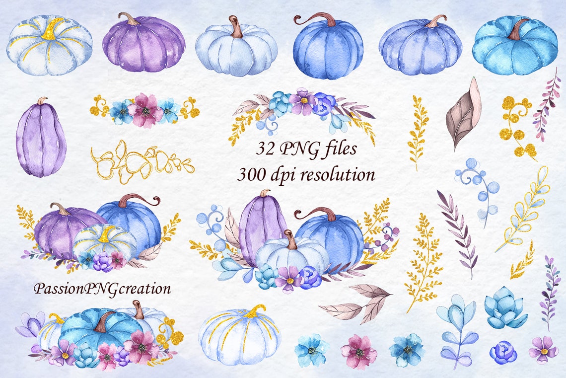 Watercolor Blue Pumpkin Clipart, Pastel Pumpkins Clip Art, Pumpkins Png ...