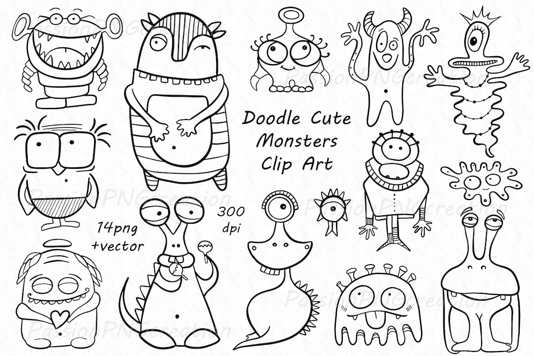 Doodle Monsters Clipart, Aliens Hand Drawn Clip Art, Sketch, Png, Eps ...