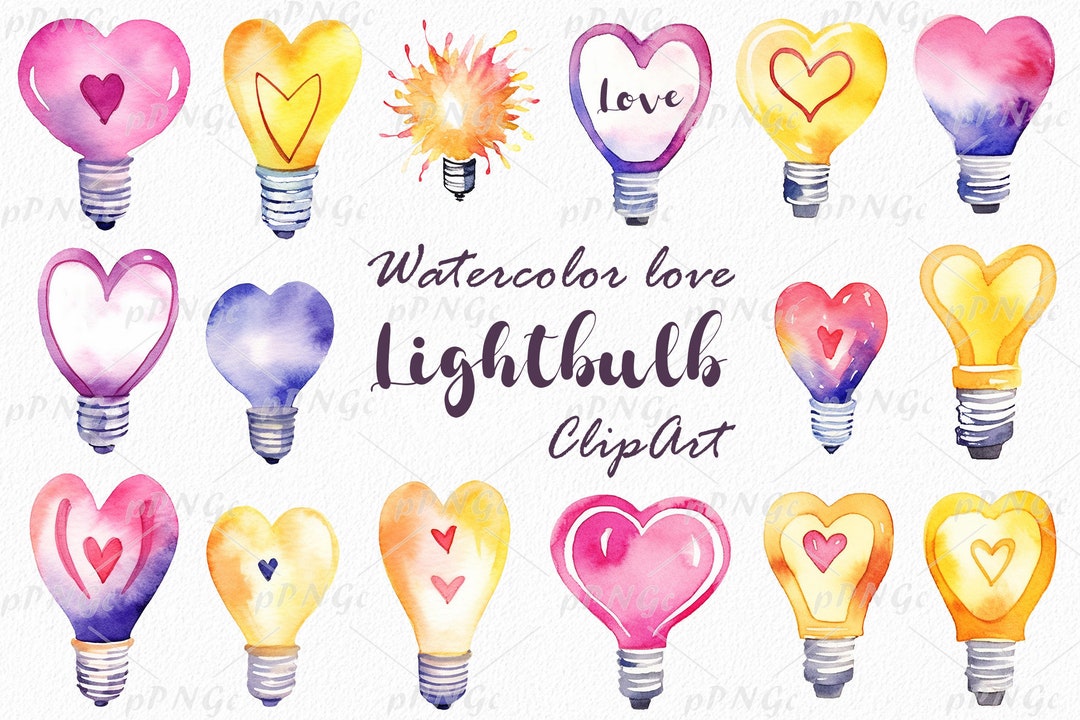 Watercolor Clipart: Heart-shaped Light Bulbs - Whimsical, Romantic, and ...