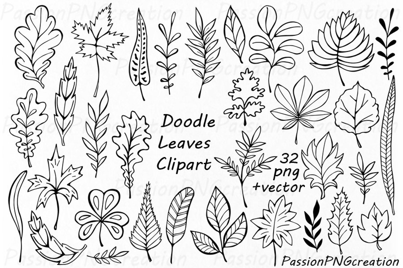 Hand Drawn Doodle Leaves Clipart leaves silhouette PNG EPS | Etsy