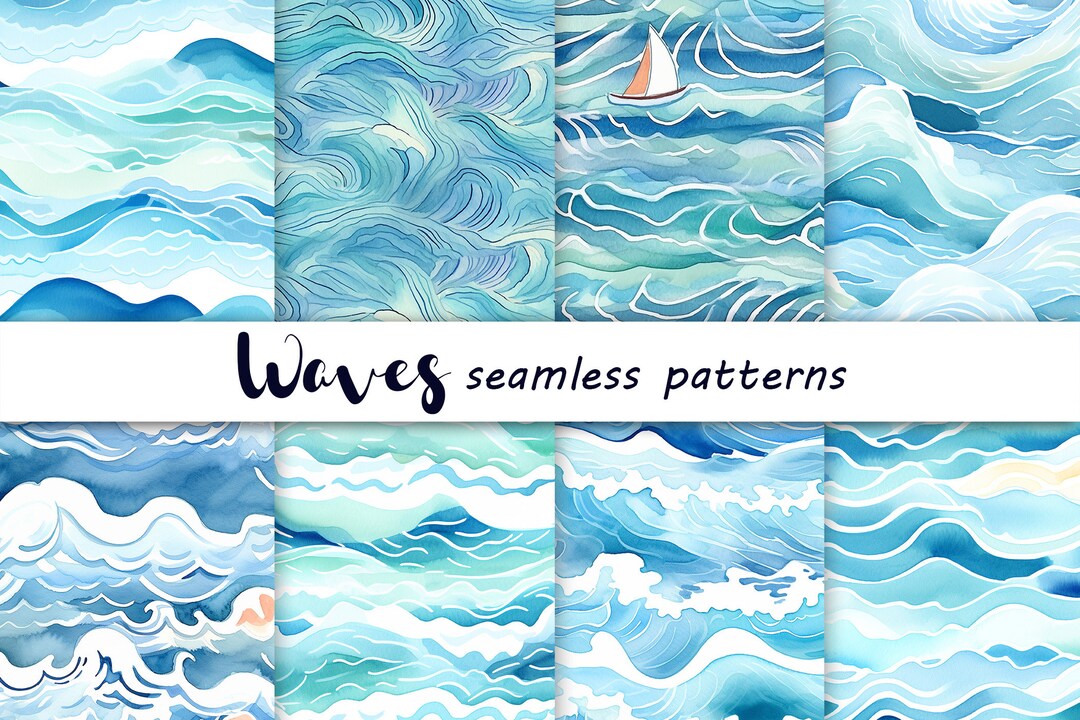 Ocean Waves Watercolor Seamless Patterns: Sea-inspired Designs (digital ...