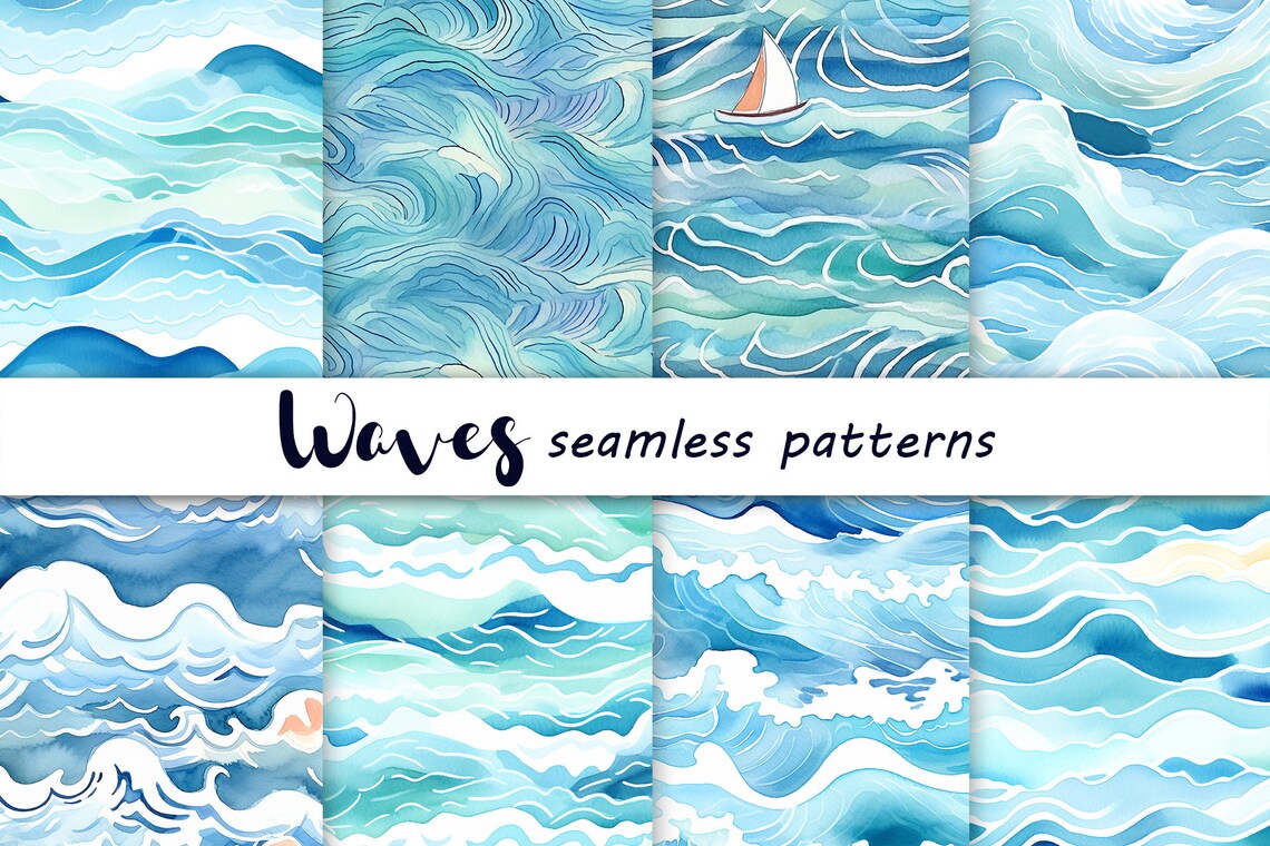 Ocean Waves Watercolor Seamless Patterns: Sea-inspired Designs (digital ...